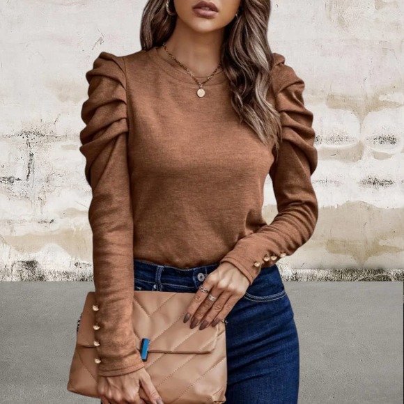Tops | Brown Puffed Long Sleeve Shirt Nwt | Poshmark